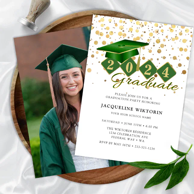 Elegant Green Gold Graduation Photo Party Invitation | Zazzle
