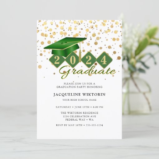 Elegant Green Gold Graduation Photo Party Invitation | Zazzle