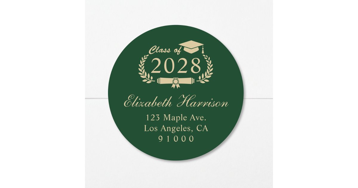 Elegant Green Gold Graduation Return Address Classic Round Sticker | Zazzle