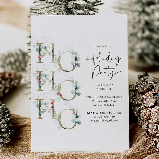 Elegant Green & Gold Ho Ho Ho Holiday Party Invitation | Zazzle