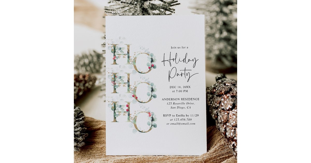 Elegant Green & Gold Ho Ho Ho Holiday Party Invitation | Zazzle