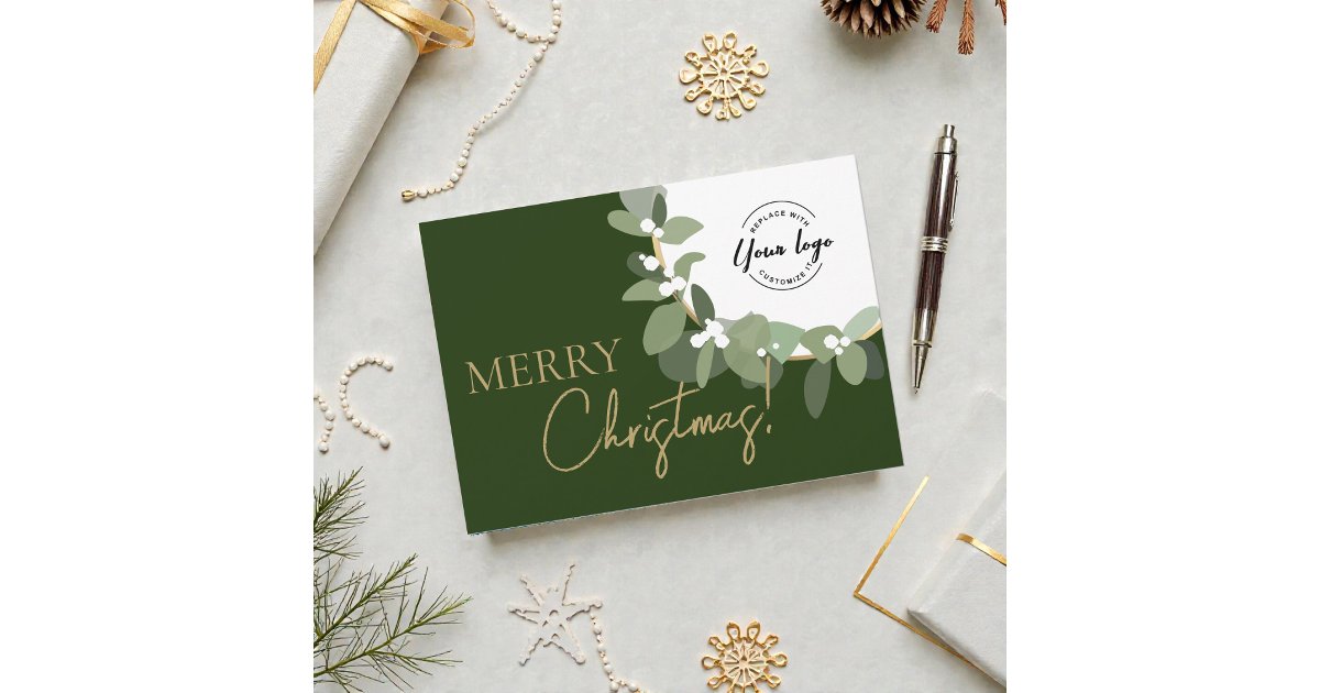 Elegant Green gold Merry Christmas Company Logo Holiday Card | Zazzle