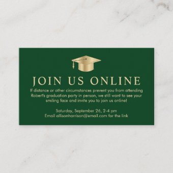 Elegant Green Gold Online Graduation Party Enclosure Card | Zazzle