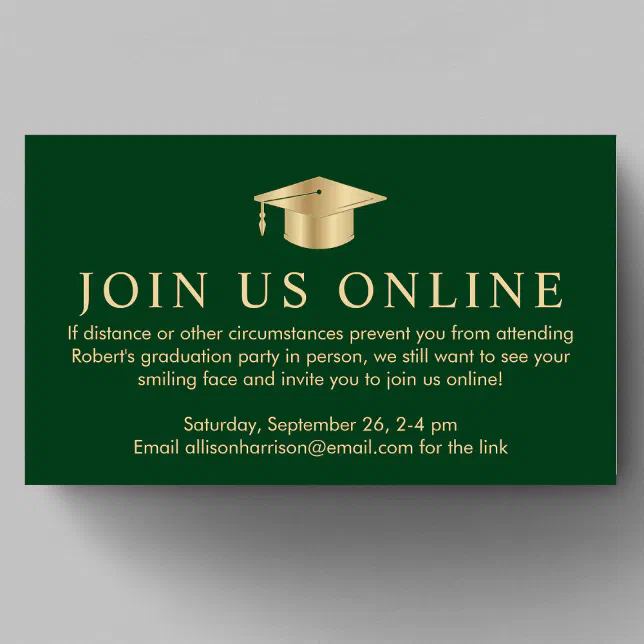 Elegant Green Gold Online Graduation Party Enclosure Card | Zazzle