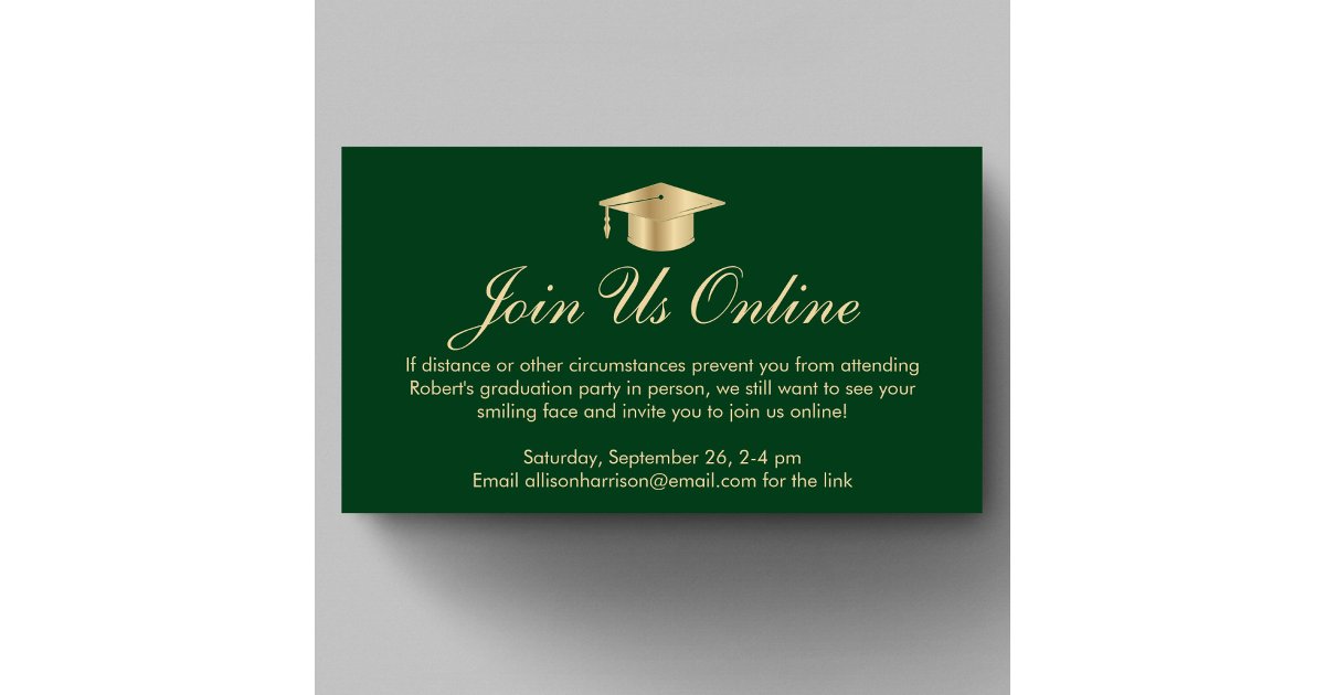 Elegant Green Gold Online Graduation Party Enclosure Card | Zazzle