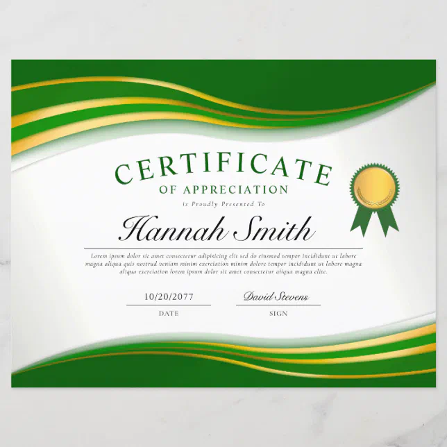 Elegant Green Gold Professional Certificate Award | Zazzle