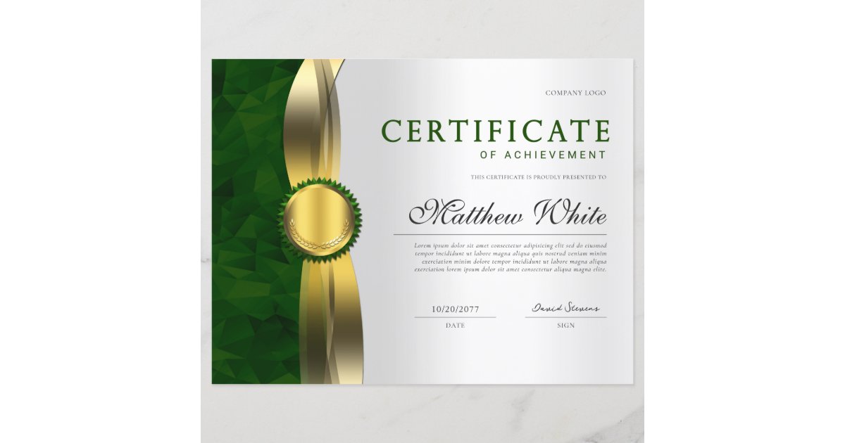 Elegant Green Gold Professional Certificate Award | Zazzle