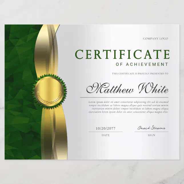 Elegant Green Gold Professional Certificate Award | Zazzle