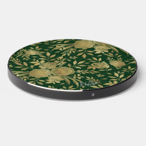 Elegant Green Gold Roses Floral Design Wireless Charger | Zazzle
