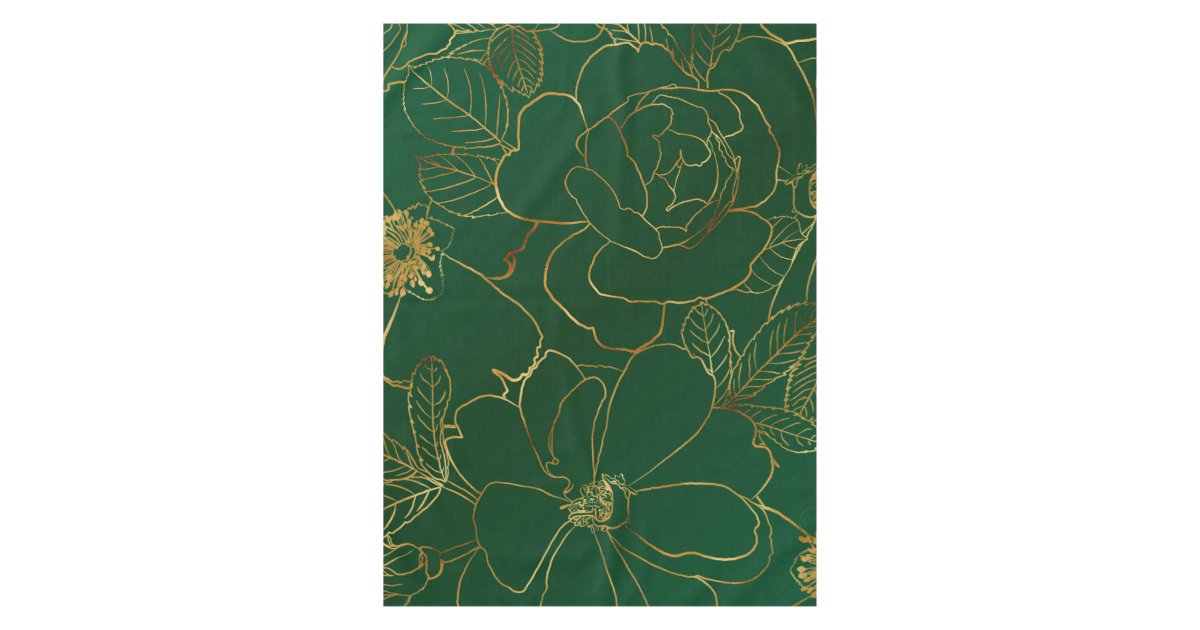Elegant Green Gold Roses Floral Line Drawing Tablecloth | Zazzle