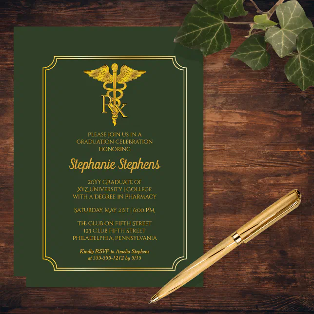 Elegant Green | Gold Rx Pharmacy Graduation Party Invitation | Zazzle