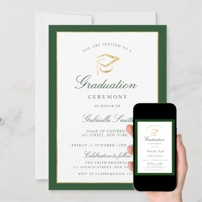 Elegant green graduation ceremony invitation | Zazzle