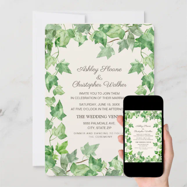Elegant Green Ivy Leaves Cream Wedding Invitation | Zazzle