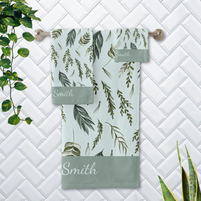 Elegant Green Leaves Botanical Nature Pattern Bath Towel Set | Zazzle