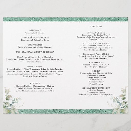 Elegant Green Leaves, Glitter Quinceañera Program | Zazzle