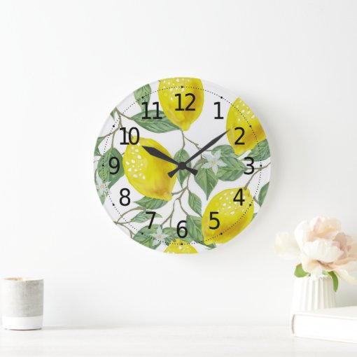 Elegant Green Leaves & Yellow Lemons | Wall Clock | Zazzle
