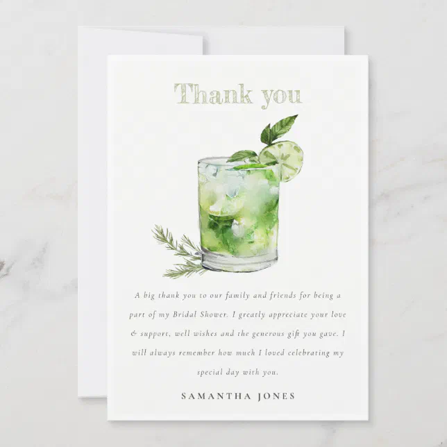 Elegant Green Margarita Cocktail Bridal Shower Thank You Card | Zazzle