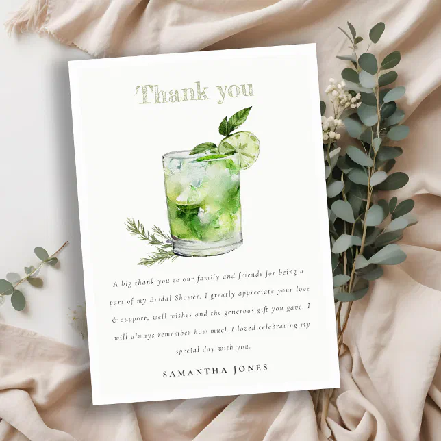Elegant Green Margarita Cocktail Bridal Shower Thank You Card | Zazzle