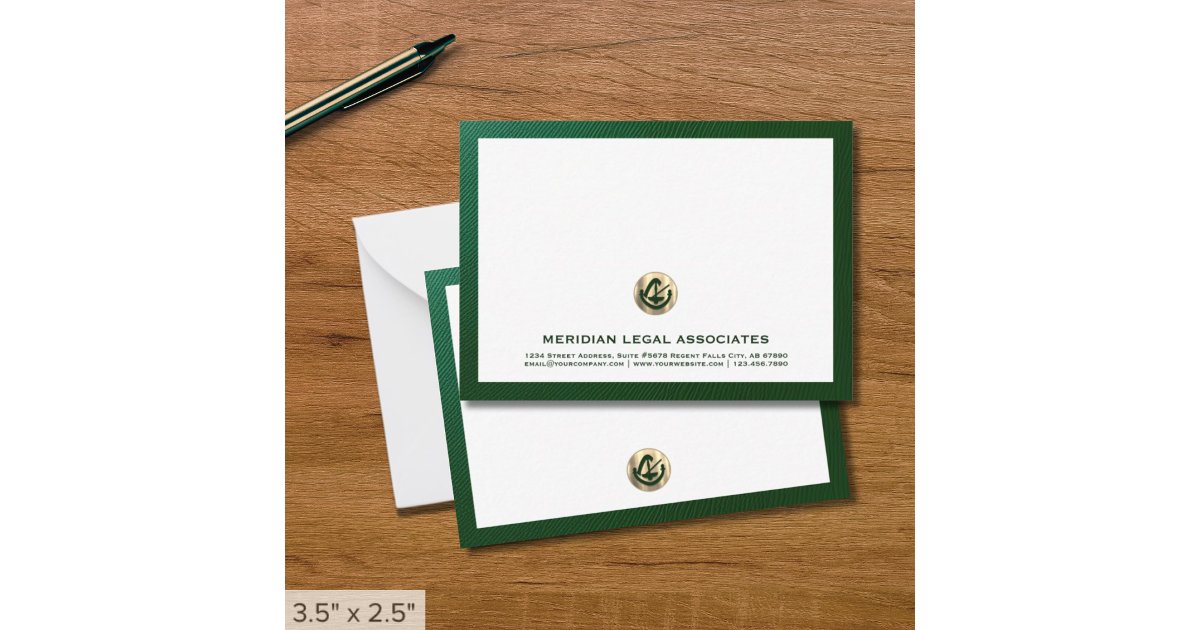 Elegant Green Notecard with Gold Logo Law Office | Zazzle