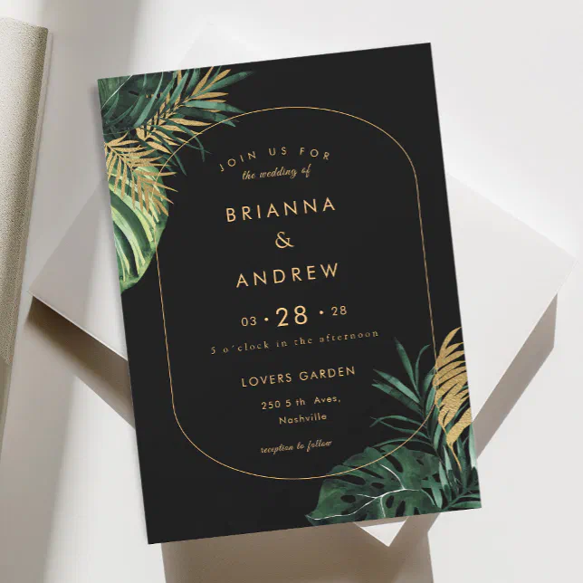 Elegant, Green Palm, Gold (Imitation) Border Invitation | Zazzle