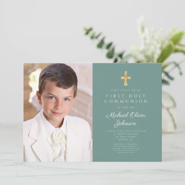 Elegant Green Photo Boy First Communion Invitation | Zazzle