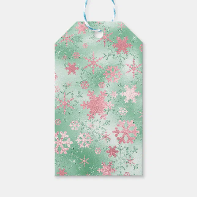 Elegant Green Pink Christmas Snowflake Pattern Gift Tags | Zazzle
