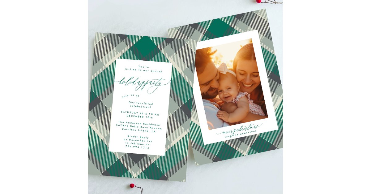 Elegant Green Plaid Photo Christmas Holiday Party Invitation | Zazzle
