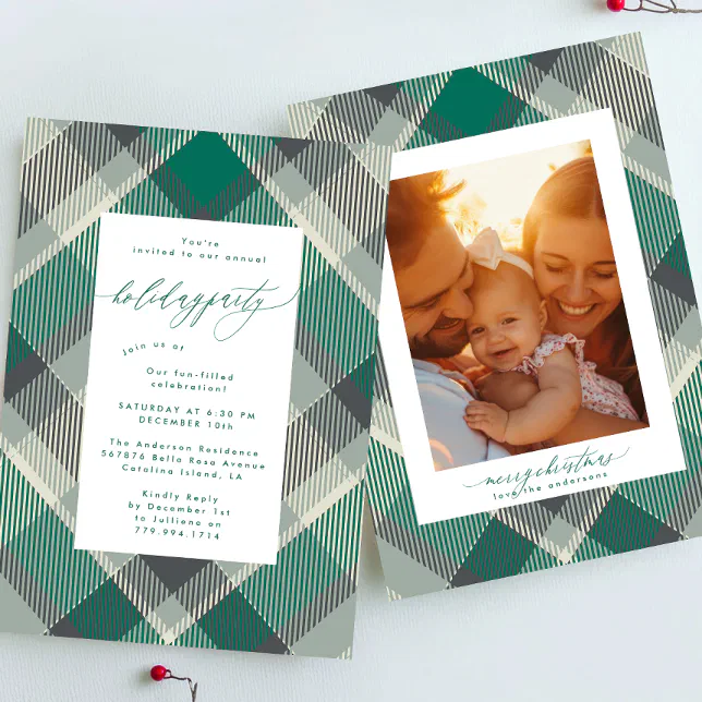 Elegant Green Plaid Photo Christmas Holiday Party Invitation | Zazzle