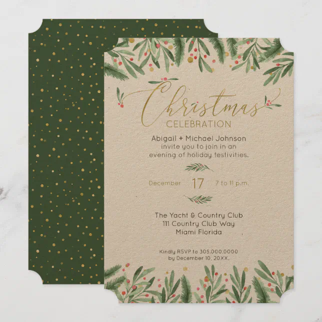 Elegant Green, Red, and Gold Christmas Party Invitation | Zazzle