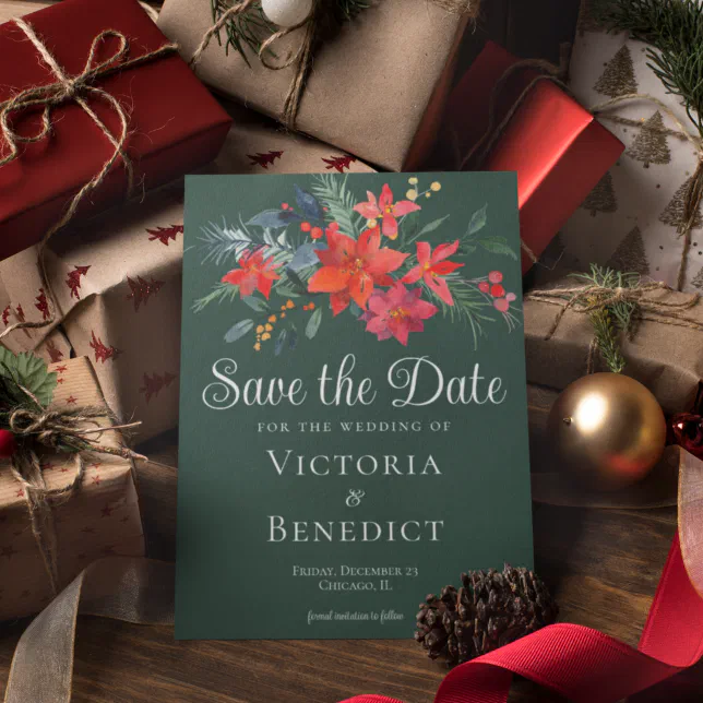 Elegant Green Red Floral Christmas Save the Date Invitation | Zazzle