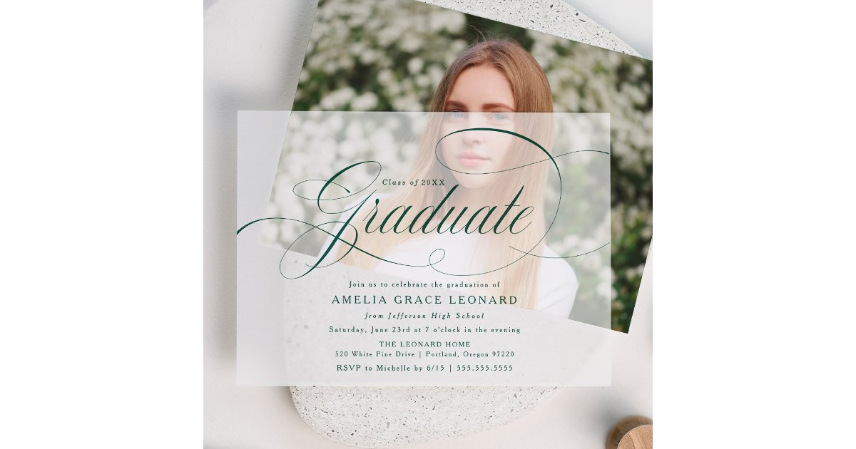 Elegant Green Script Graduation Party Vellum Invitations | Zazzle
