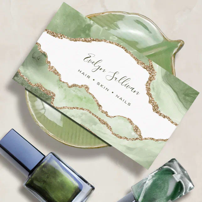 elegant green watercolor agate business card | Zazzle