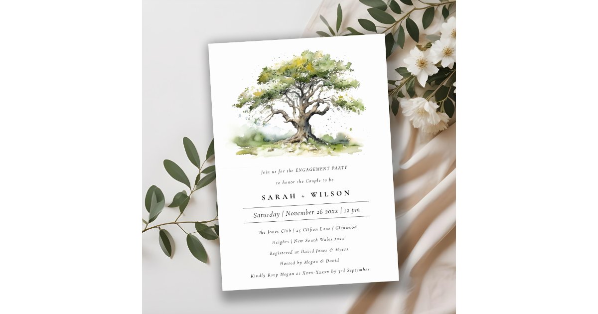 Elegant Green Watercolor Oak Tree Engagement Invitation | Zazzle