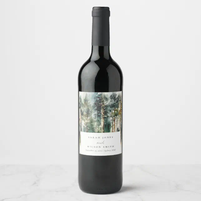 Elegant Green Watercolor Woodland Forest Wedding Wine Label | Zazzle