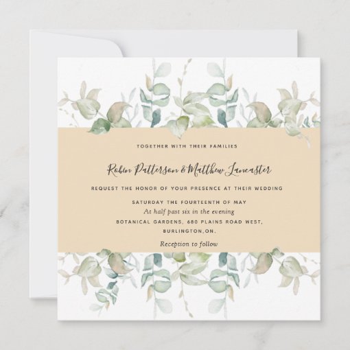 Elegant Greenery and Beige Tan, Square Wedding Invitation | Zazzle