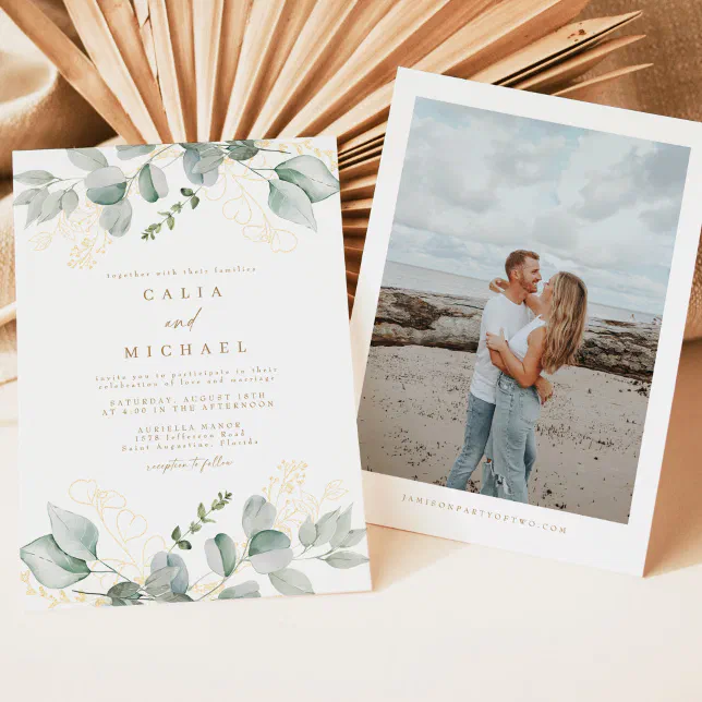 Elegant Greenery and Gold Photo Wedding Invitation | Zazzle