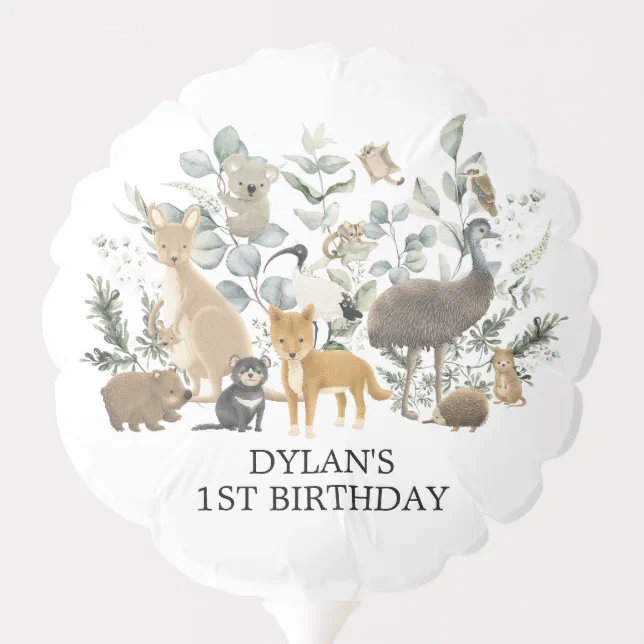 Elegant Greenery Australian Animals Baby Birthday Balloon | Zazzle