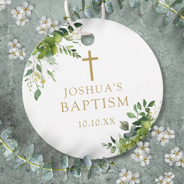 Elegant Greenery Baptism Christening Favor Tags | Zazzle