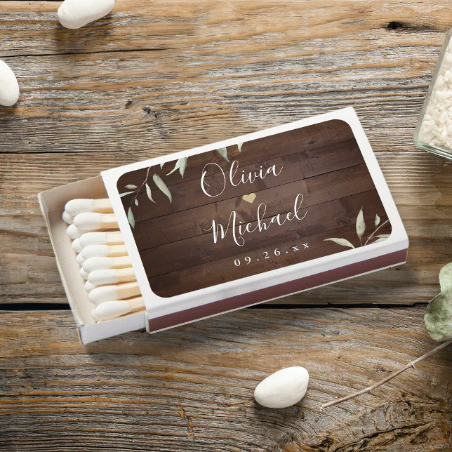 Elegant greenery barn wood county rustic wedding matchboxes | Zazzle