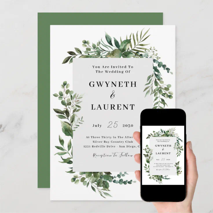 Elegant Greenery Border Wedding Invitation | Zazzle