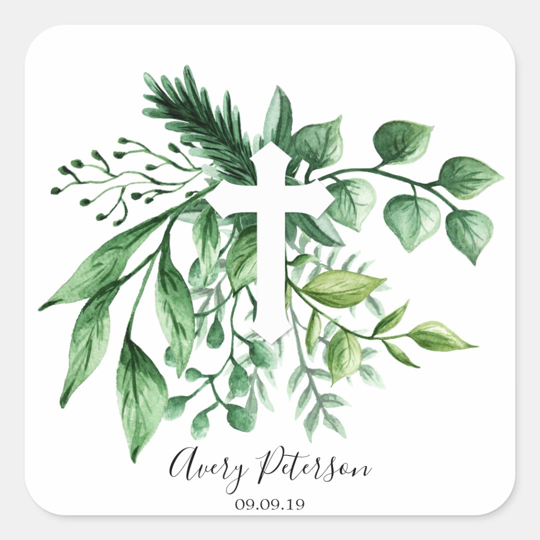 Elegant Greenery Botanical Cross Holy Communion Square Sticker | Zazzle