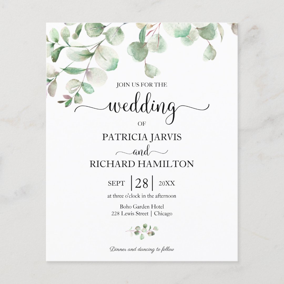 Elegant Greenery Budget Wedding Invitation | Zazzle