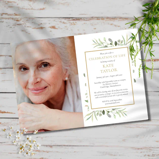 Elegant Greenery Celebration of Life Photo Invitation | Zazzle