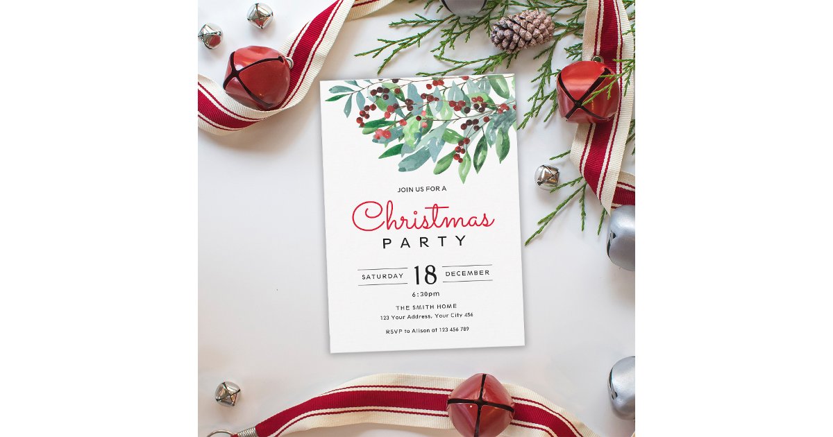 Elegant Greenery Christmas Party Holiday Card | Zazzle
