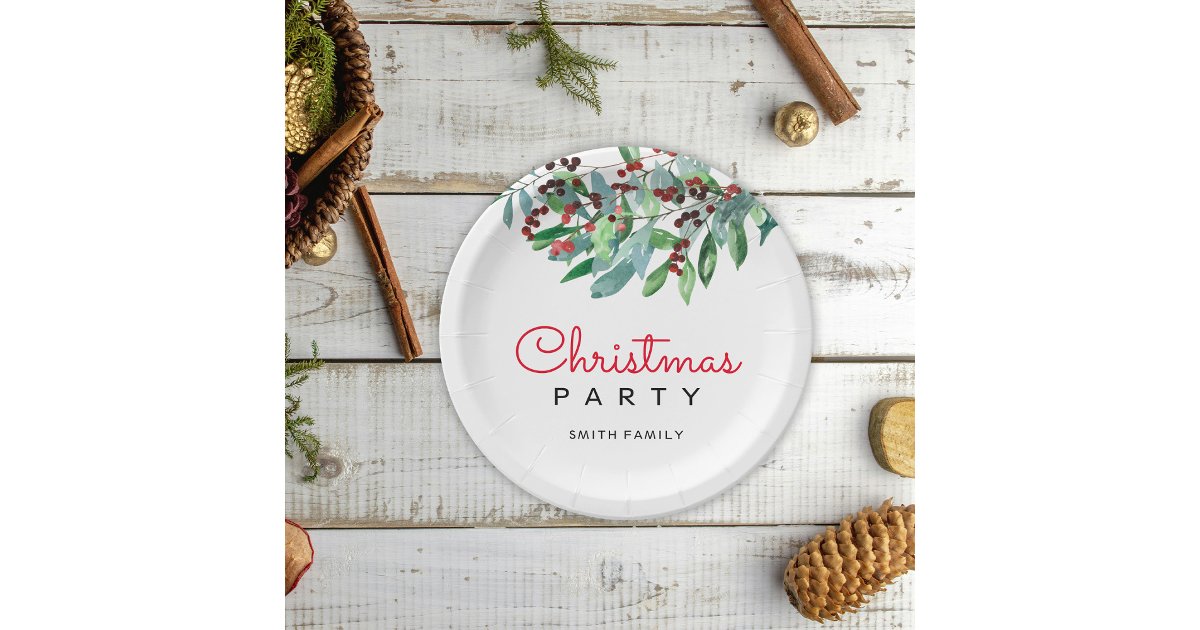Elegant Greenery Christmas Party Paper Plates | Zazzle
