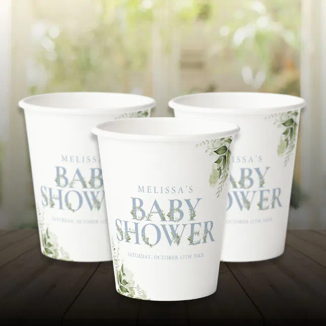 Elegant Greenery Dusty Blue Baby Shower Paper Cups | Zazzle