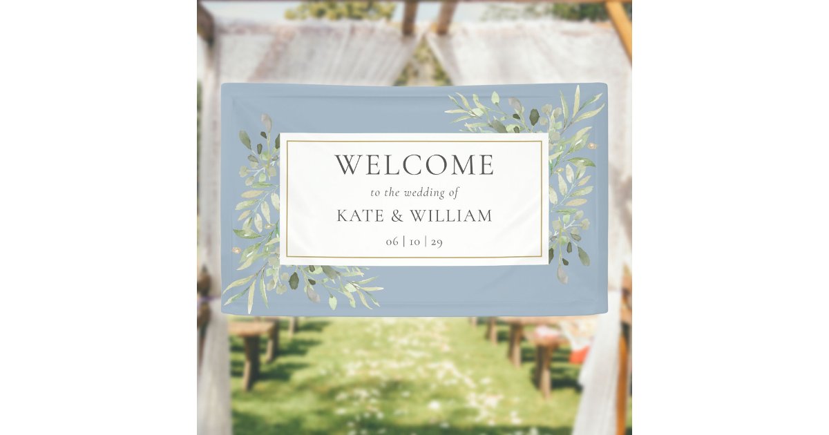 Elegant Greenery Dusty Blue Wedding Welcome Banner | Zazzle