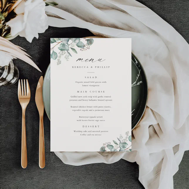 Elegant Greenery Eucalyptus Watercolor Wedding Menu | Zazzle