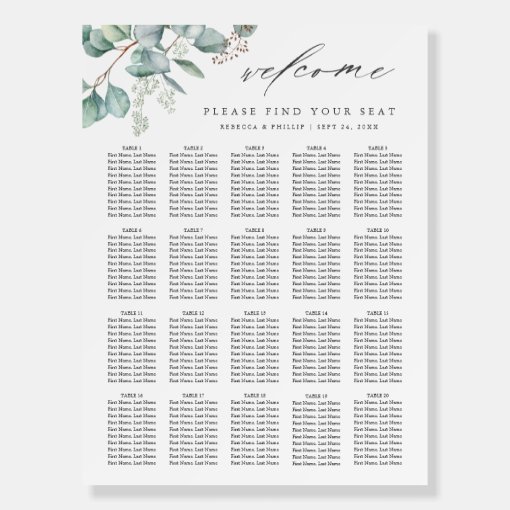 Elegant Greenery Eucalyptus Wedding Seating Chart Foam Board | Zazzle