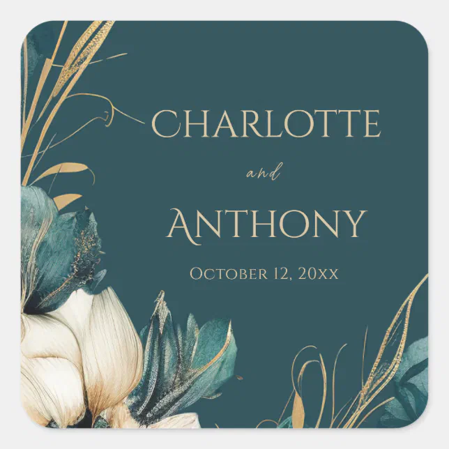 Elegant Greenery Floral Minimal Teal Gold Wedding Square Sticker | Zazzle